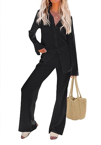 Ekouaer Womens Lounge Sets Button Down Shirt and Pants Loungewear Pajamas 2 Piece Outfits with Pockets Black M