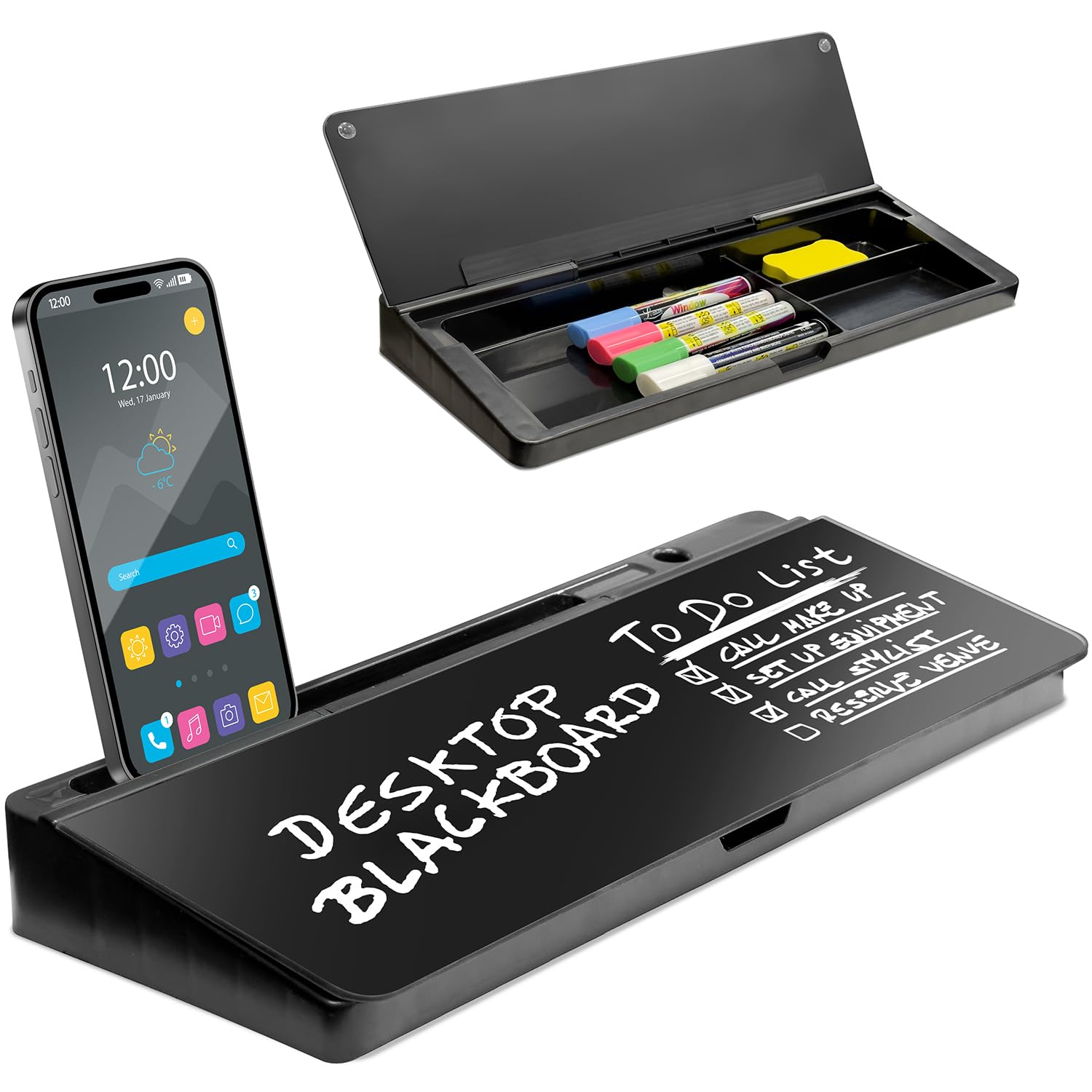 Desktop Dry Erase Board - Glass Erase Board - Black Desk Computer Buddy – Home Office & Studying Essentials - Phone & Tablet Slot, Storage Compartment - Includes 4 Markers, 1 Eraser.