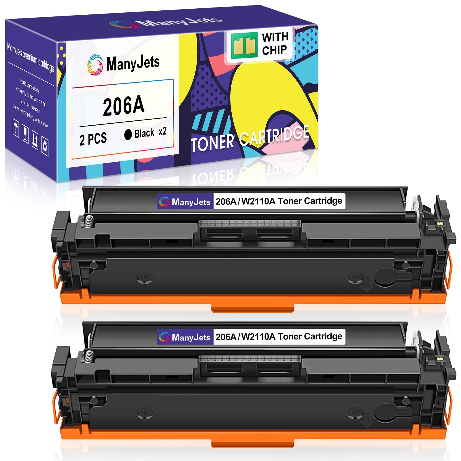 ManyJets 206A Compatible Toner Cartridge with Chips Replacement for HP 206A W2110A 206X W2110X Black Work with HP Pro M283fdw M255dw M283cdw M282nw M283fdn M255nw Printer (Black,2-Pack,with Chips)