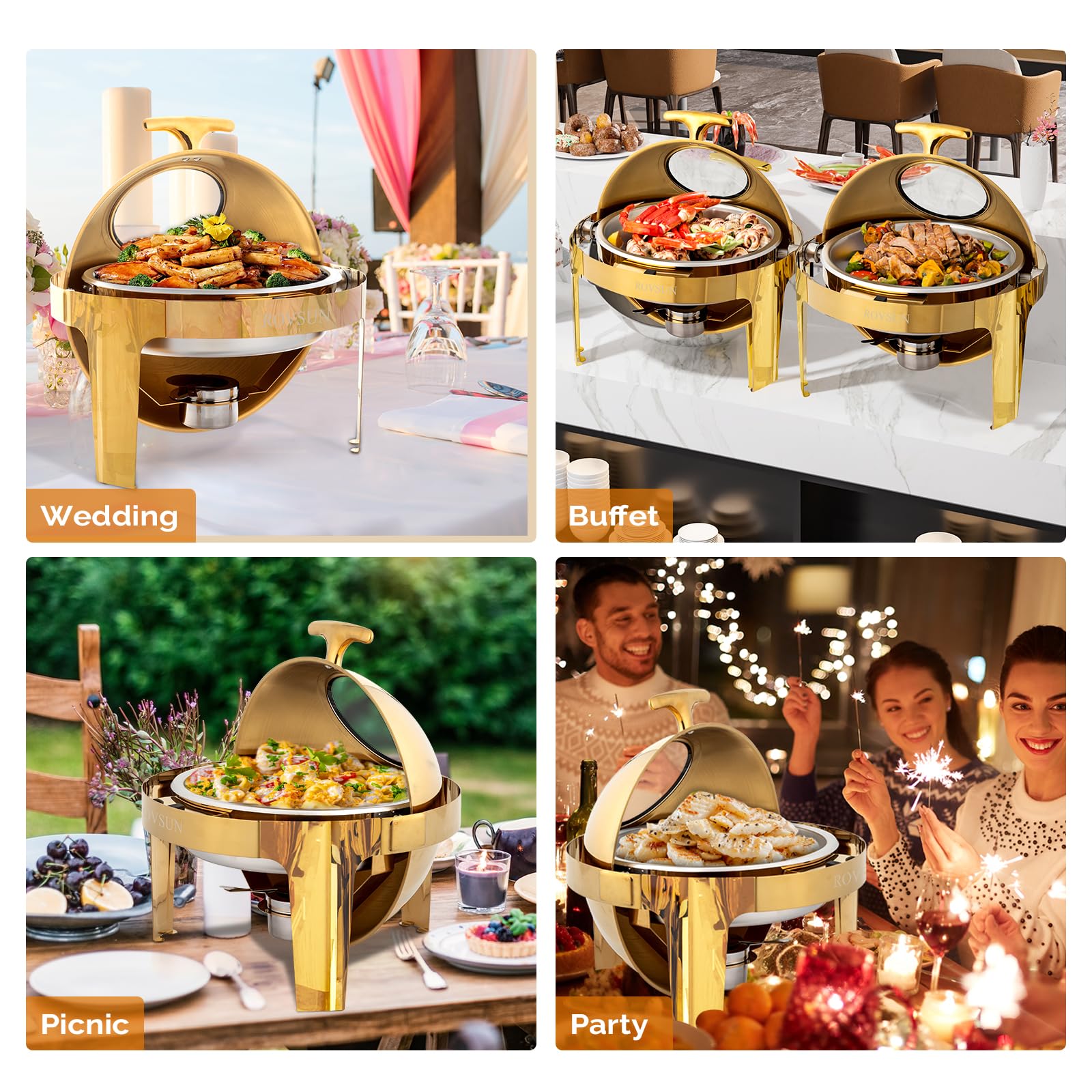 ROVSUN 6 QT Round Chafing Dish Buffet Set, Roll Top NSF Stainless Steel Buffet Warmer Chafers and Buffet Warmers Sets with Thick Frame for Catering Events Parties Weddings Dinners,Gold