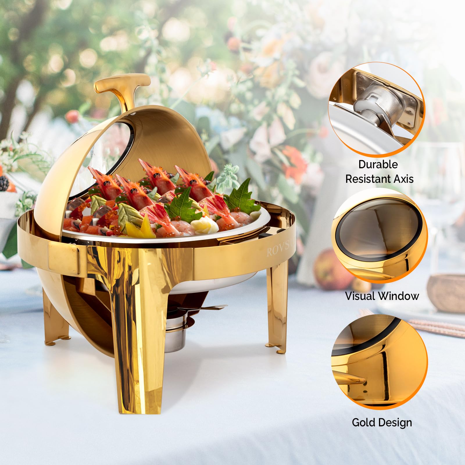 ROVSUN 6 QT Round Chafing Dish Buffet Set, Roll Top NSF Stainless Steel Buffet Warmer Chafers and Buffet Warmers Sets with Thick Frame for Catering Events Parties Weddings Dinners,Gold