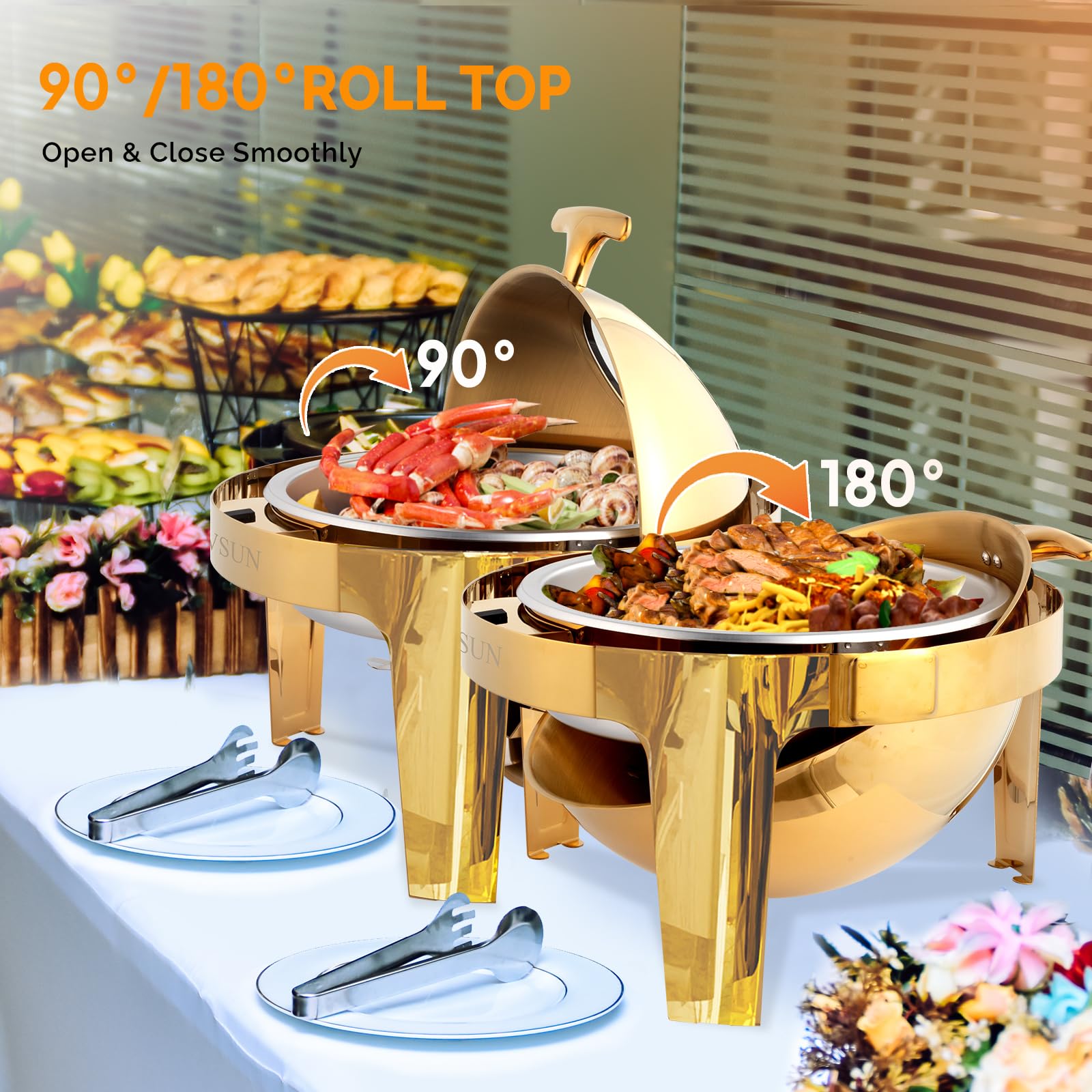 ROVSUN 6 QT Round Chafing Dish Buffet Set, Roll Top NSF Stainless Steel Buffet Warmer Chafers and Buffet Warmers Sets with Thick Frame for Catering Events Parties Weddings Dinners,Gold
