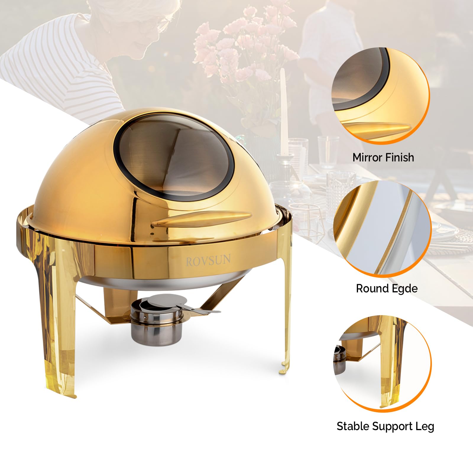 ROVSUN 6 QT Round Chafing Dish Buffet Set, Roll Top NSF Stainless Steel Buffet Warmer Chafers and Buffet Warmers Sets with Thick Frame for Catering Events Parties Weddings Dinners,Gold