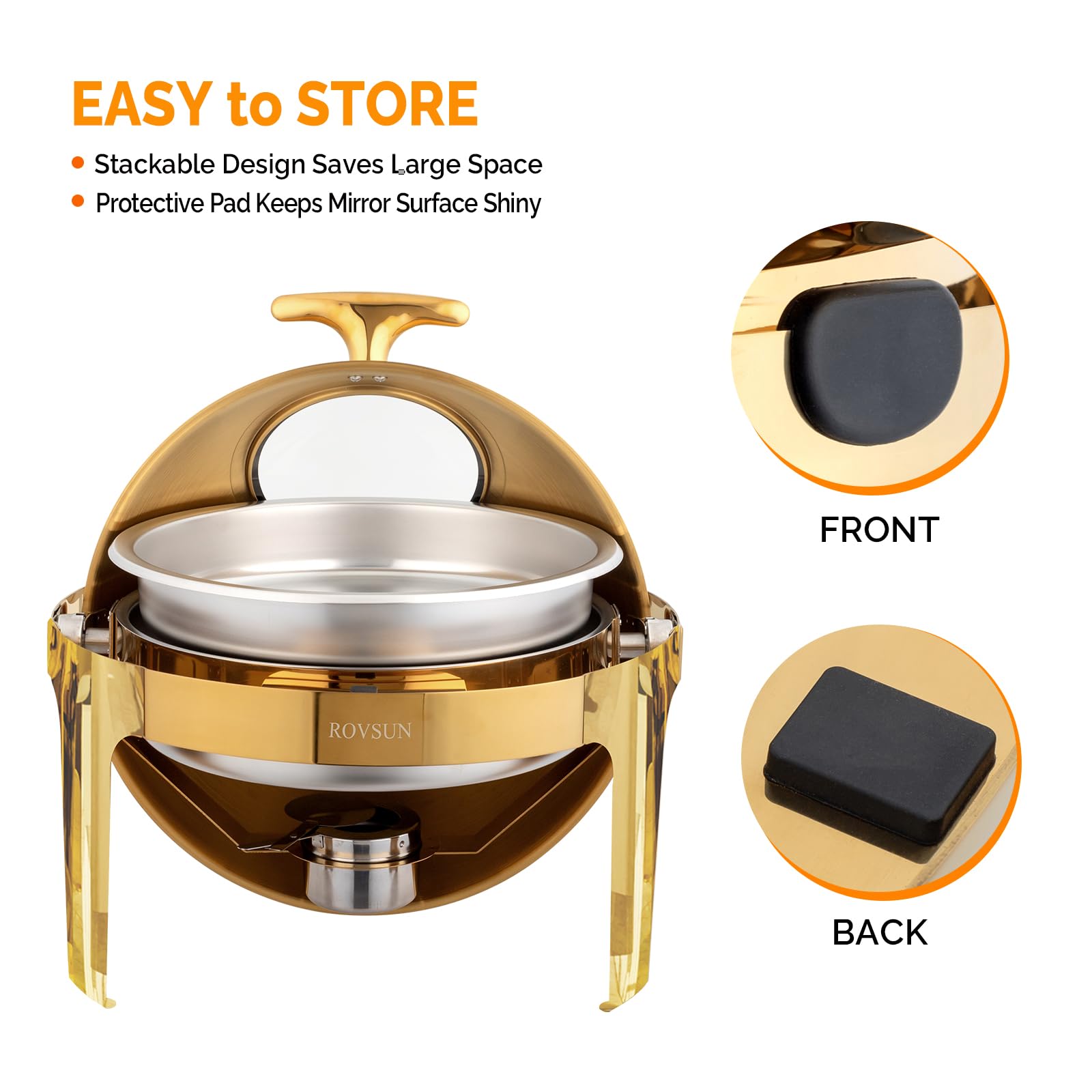 ROVSUN 6 QT Round Chafing Dish Buffet Set, Roll Top NSF Stainless Steel Buffet Warmer Chafers and Buffet Warmers Sets with Thick Frame for Catering Events Parties Weddings Dinners,Gold