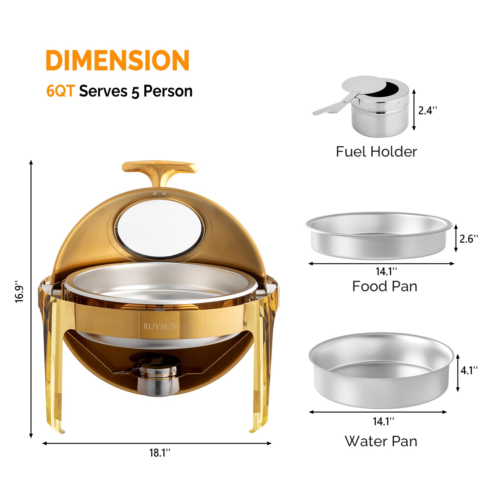 ROVSUN 6 QT Round Chafing Dish Buffet Set, Roll Top NSF Stainless Steel Buffet Warmer Chafers and Buffet Warmers Sets with Thick Frame for Catering Events Parties Weddings Dinners,Gold