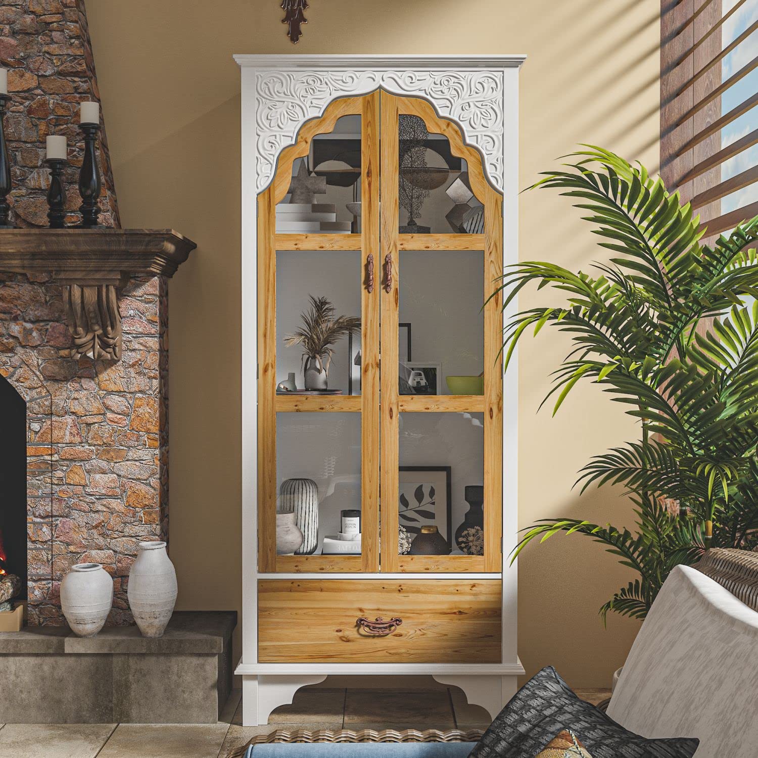 DiDuGo Storage Cabinet with Doors and Shelves, Decorative Storage Cabinet with Drawer, Distressed Art Decor Cabinet Farmhouse Tall Cabinet White and Oak (31.5”W x 15.7”D x 70.9”H)