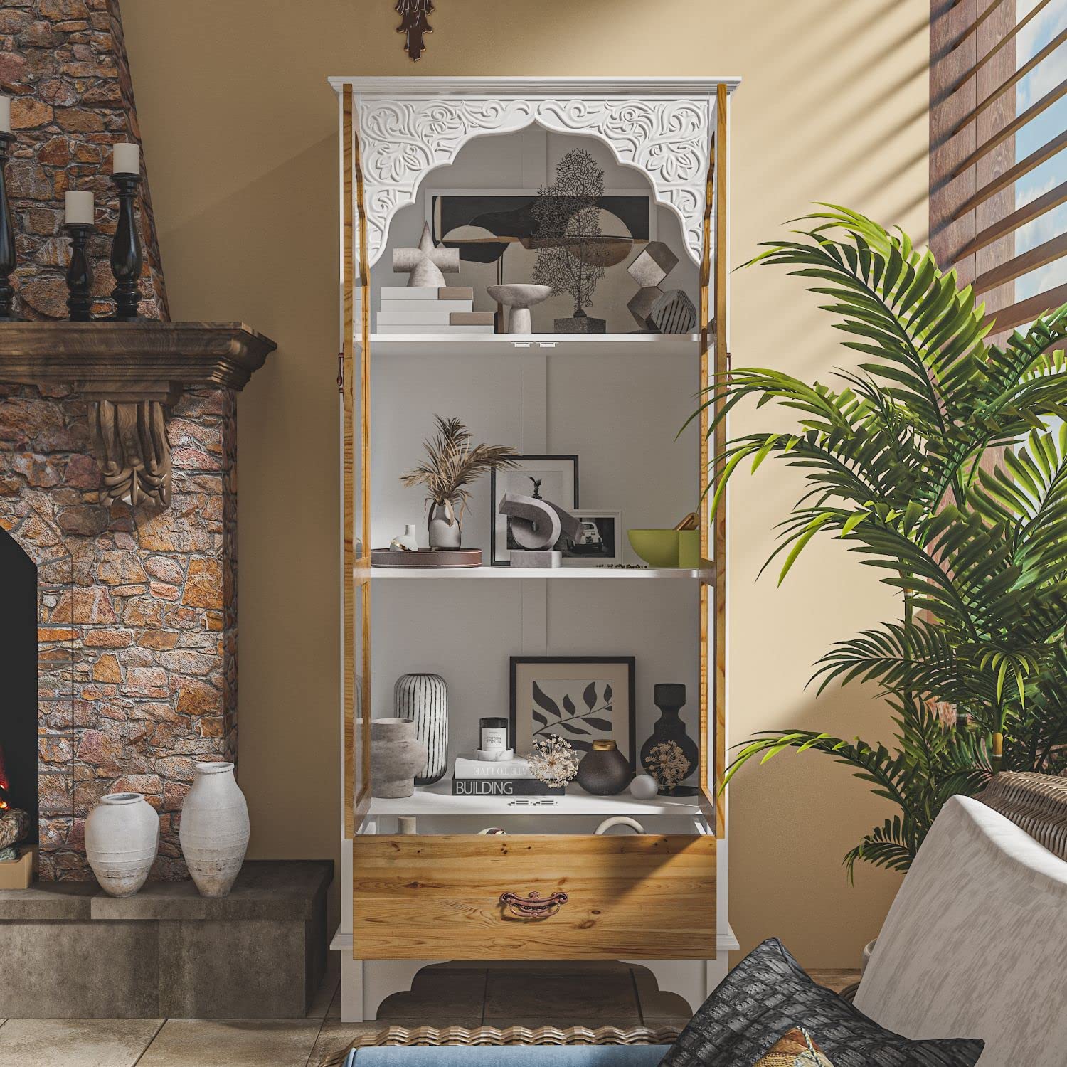 DiDuGo Storage Cabinet with Doors and Shelves, Decorative Storage Cabinet with Drawer, Distressed Art Decor Cabinet Farmhouse Tall Cabinet White and Oak (31.5”W x 15.7”D x 70.9”H)