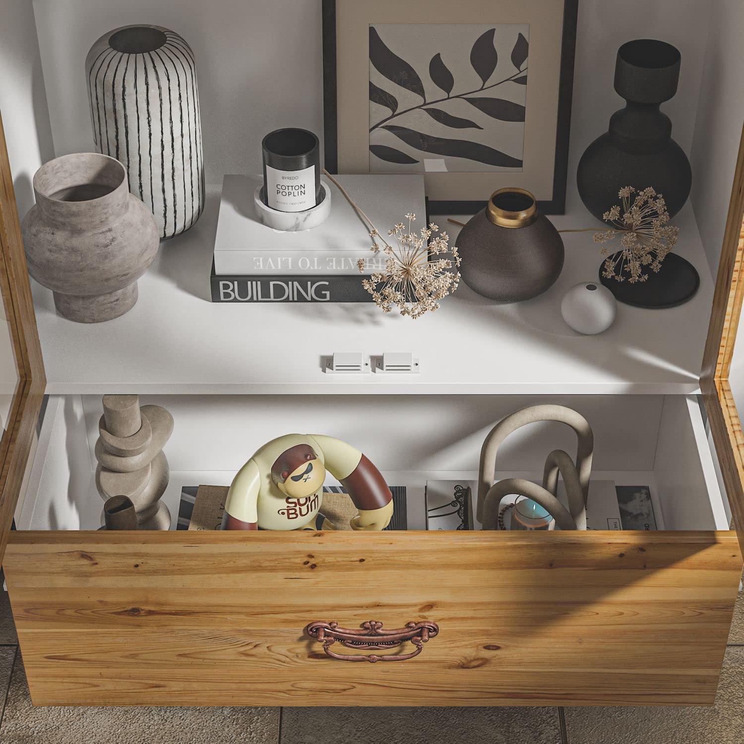 DiDuGo Storage Cabinet with Doors and Shelves, Decorative Storage Cabinet with Drawer, Distressed Art Decor Cabinet Farmhouse Tall Cabinet White and Oak (31.5”W x 15.7”D x 70.9”H)