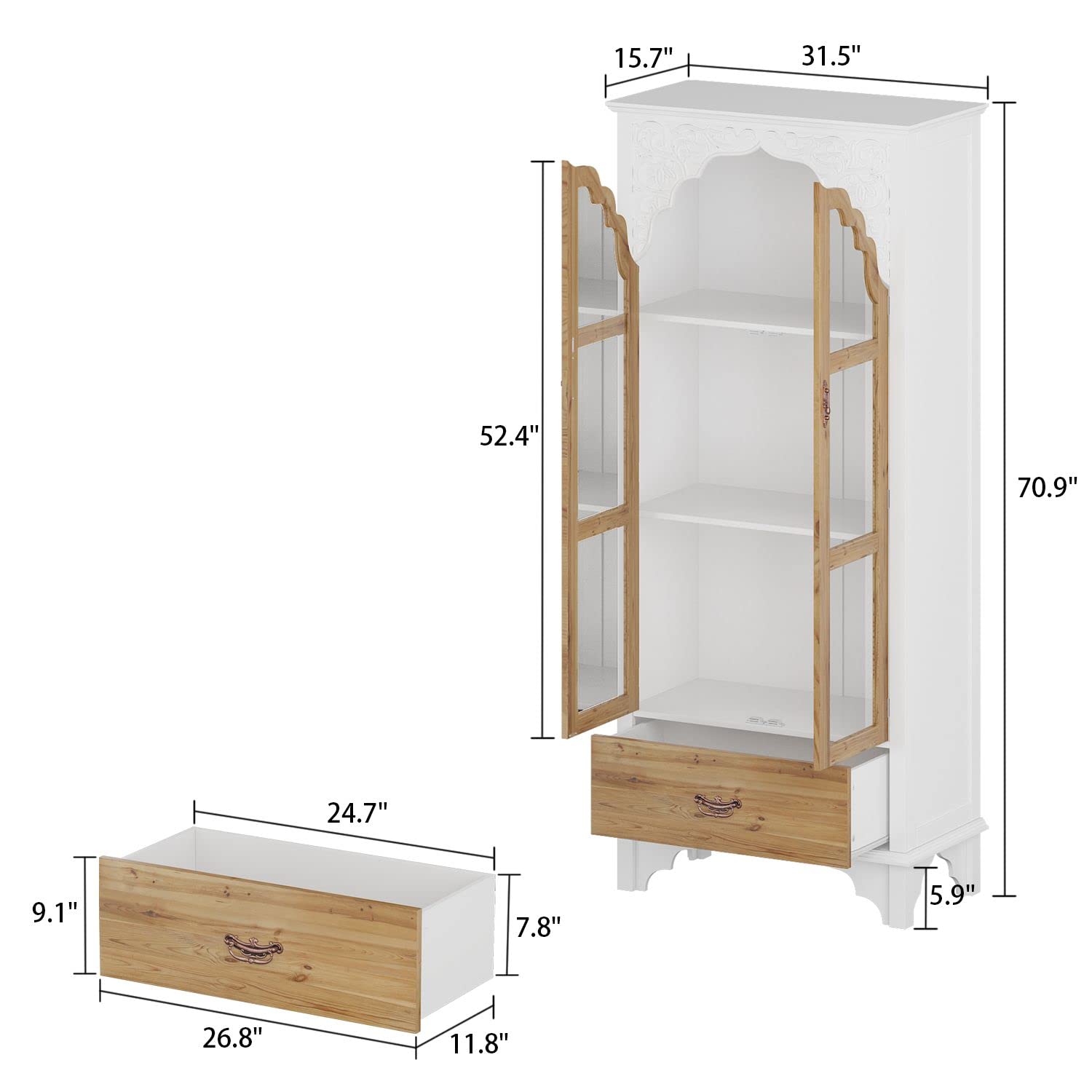 DiDuGo Storage Cabinet with Doors and Shelves, Decorative Storage Cabinet with Drawer, Distressed Art Decor Cabinet Farmhouse Tall Cabinet White and Oak (31.5”W x 15.7”D x 70.9”H)