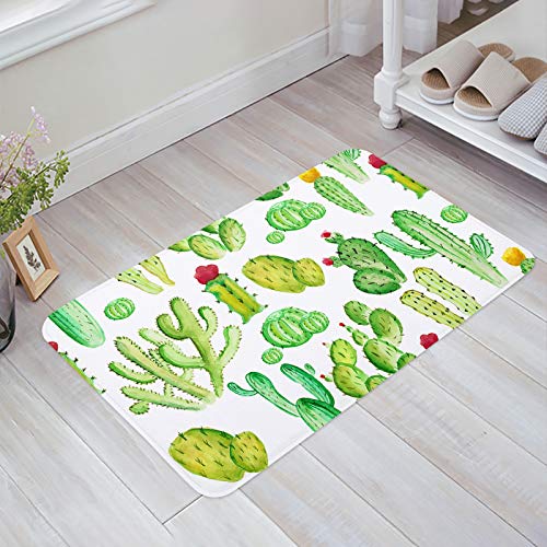 Prironde Front Door Mats Outdoor Indoor Kitchen Mat, Green, Cactus Illustration Entrance Doormat Non-Slip Bathroom Rugs Washable Floor Mats for Sink/Porch, 18" x 30"