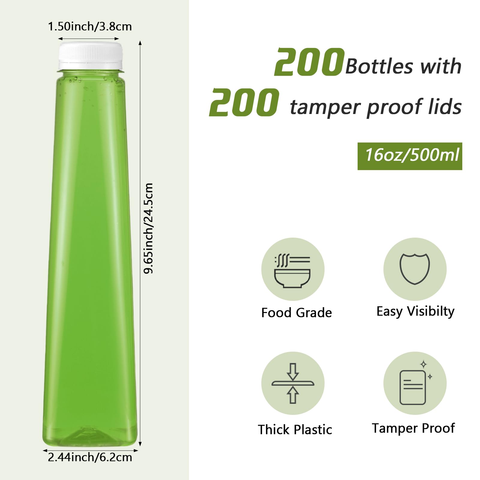Tanlade 200 Pcs 16 oz Plastic Juice Bottles Bulk with Tamper Evident Lids Empty PET Reusable Beverage Container Clear Disposable Back to School Drink Water Bottles for Smoothie Tea Milk (White Lid)