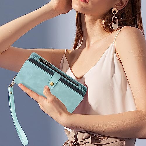 TwoHead for Google Pixel 7 Pro Wallet Case with Card Holder & Detachable Magnetic Phone Case,PU Leather Shockproof Protective Case with Wrist Strap(Blue)