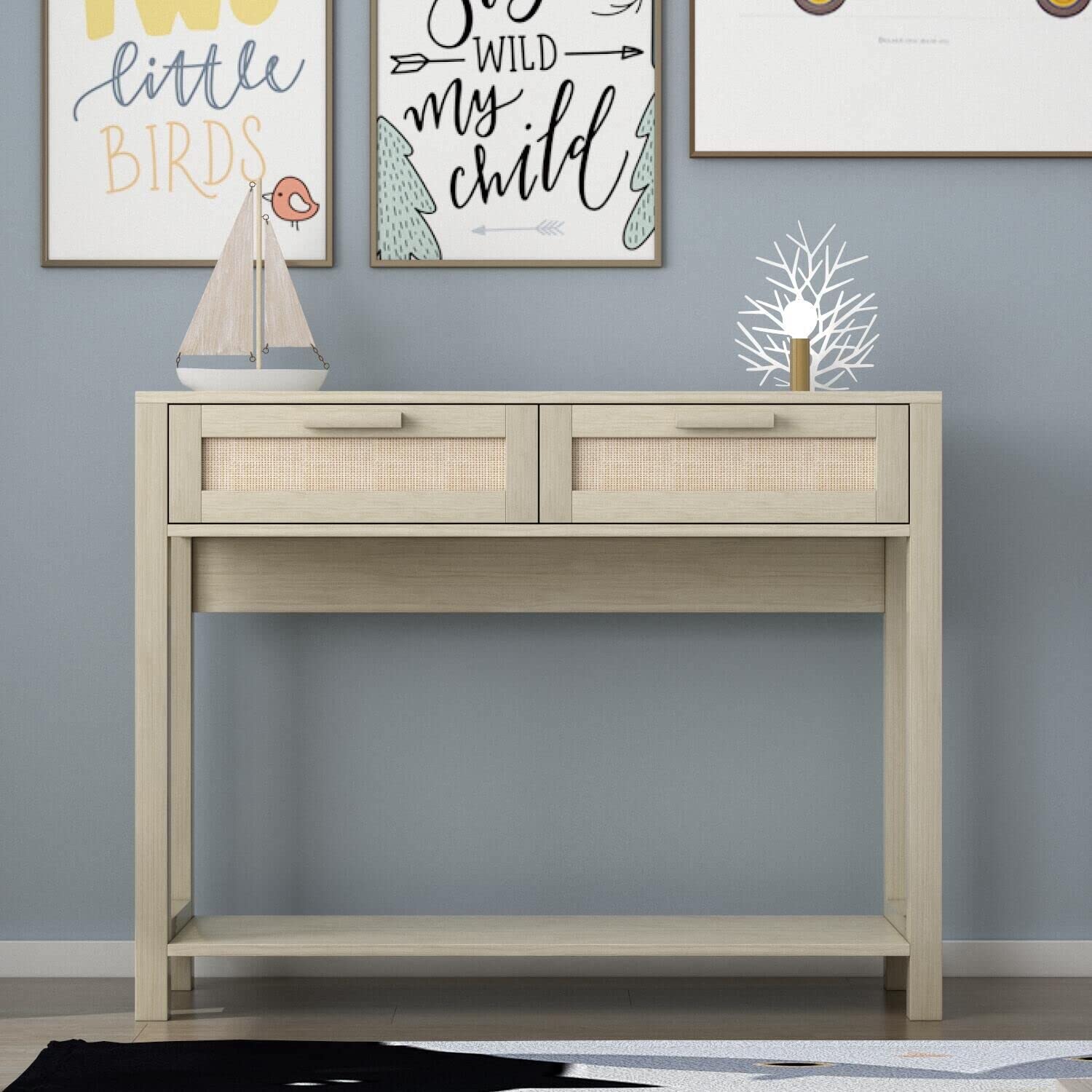 Volowoo Wood Entryway Table,Rattan Console Table with 2 Drawers, Sofa Table Narrow Long with Storage Shelves for Living Room, Couch, Hallway, Foyer, Kitchen Counter (B Style)