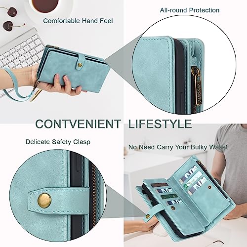 TwoHead for Google Pixel 7 Pro Wallet Case with Card Holder & Detachable Magnetic Phone Case,PU Leather Shockproof Protective Case with Wrist Strap(Blue)