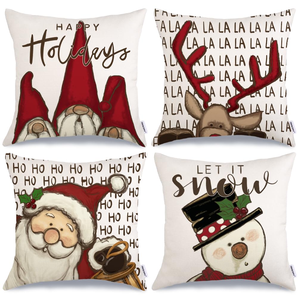 GEEORY Christmas Decorative Pillow Covers 16x16 Inch Set of 4, Gnomes Santa Claus Deer Snowman Winter Holiday Farmhouse Cushion Cases Xmas Decoration for Home GA313-16