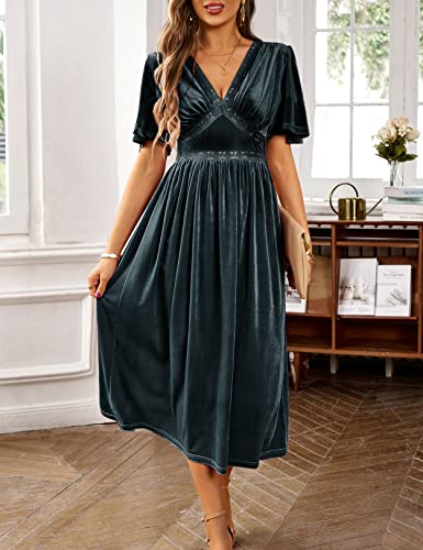 Zilcremo Women Deep V Neck Elegant Velvet Dress Bell Sleeve Lace Flowy Midi Party Dresses Greyblue S
