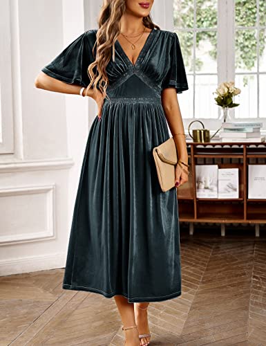 Zilcremo Women Deep V Neck Elegant Velvet Dress Bell Sleeve Lace Flowy Midi Party Dresses Greyblue S
