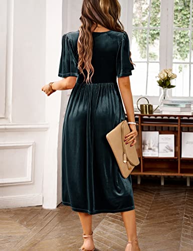 Zilcremo Women Deep V Neck Elegant Velvet Dress Bell Sleeve Lace Flowy Midi Party Dresses Greyblue S