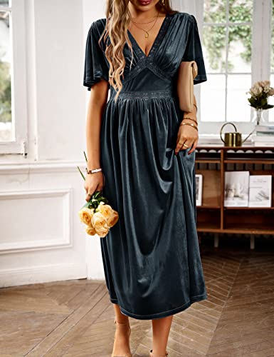 Zilcremo Women Deep V Neck Elegant Velvet Dress Bell Sleeve Lace Flowy Midi Party Dresses Greyblue S