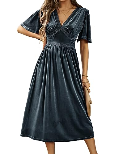 Zilcremo Women Deep V Neck Elegant Velvet Dress Bell Sleeve Lace Flowy Midi Party Dresses Greyblue S