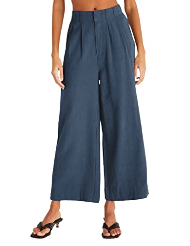 Tanming Linen Pants Women Summer Wide Leg High Waisted Work Pants Palazoo Trousers (NavyBlue-XL)