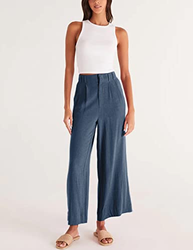 Tanming Linen Pants Women Summer Wide Leg High Waisted Work Pants Palazoo Trousers (NavyBlue-XL)