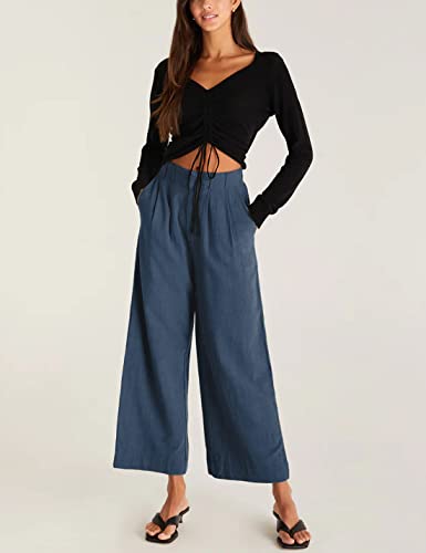 Tanming Linen Pants Women Summer Wide Leg High Waisted Work Pants Palazoo Trousers (NavyBlue-XL)