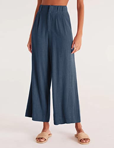 Tanming Linen Pants Women Summer Wide Leg High Waisted Work Pants Palazoo Trousers (NavyBlue-XL)