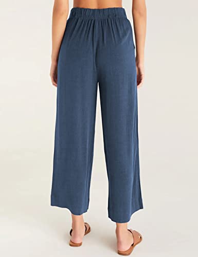 Tanming Linen Pants Women Summer Wide Leg High Waisted Work Pants Palazoo Trousers (NavyBlue-XL)