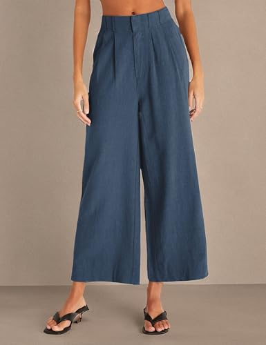 Tanming Linen Pants Women Summer Wide Leg High Waisted Work Pants Palazoo Trousers (NavyBlue-XL)