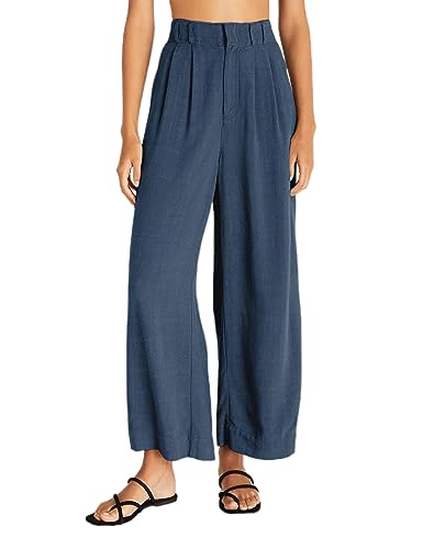 Tanming Linen Pants Women Summer Wide Leg High Waisted Work Pants Palazoo Trousers (NavyBlue-XL)