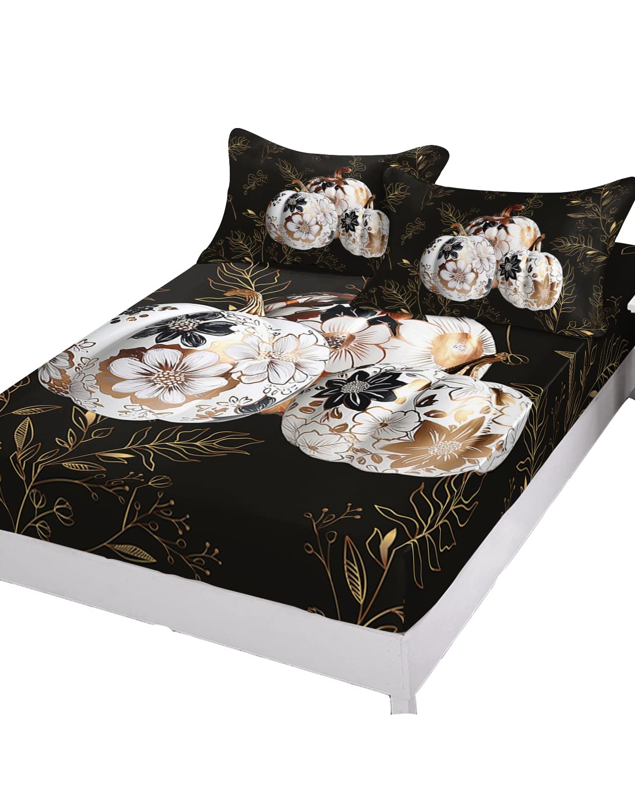 Bedding Full Size Fitted Sheets Fit 5"-16" Deep Pocket Mattress,Flower Sketch Oil Painting Pumpkin Soft Bottom Sheet Autumn Gold Leaves on Black Fitted Sheet Bed Set with Pillow Case