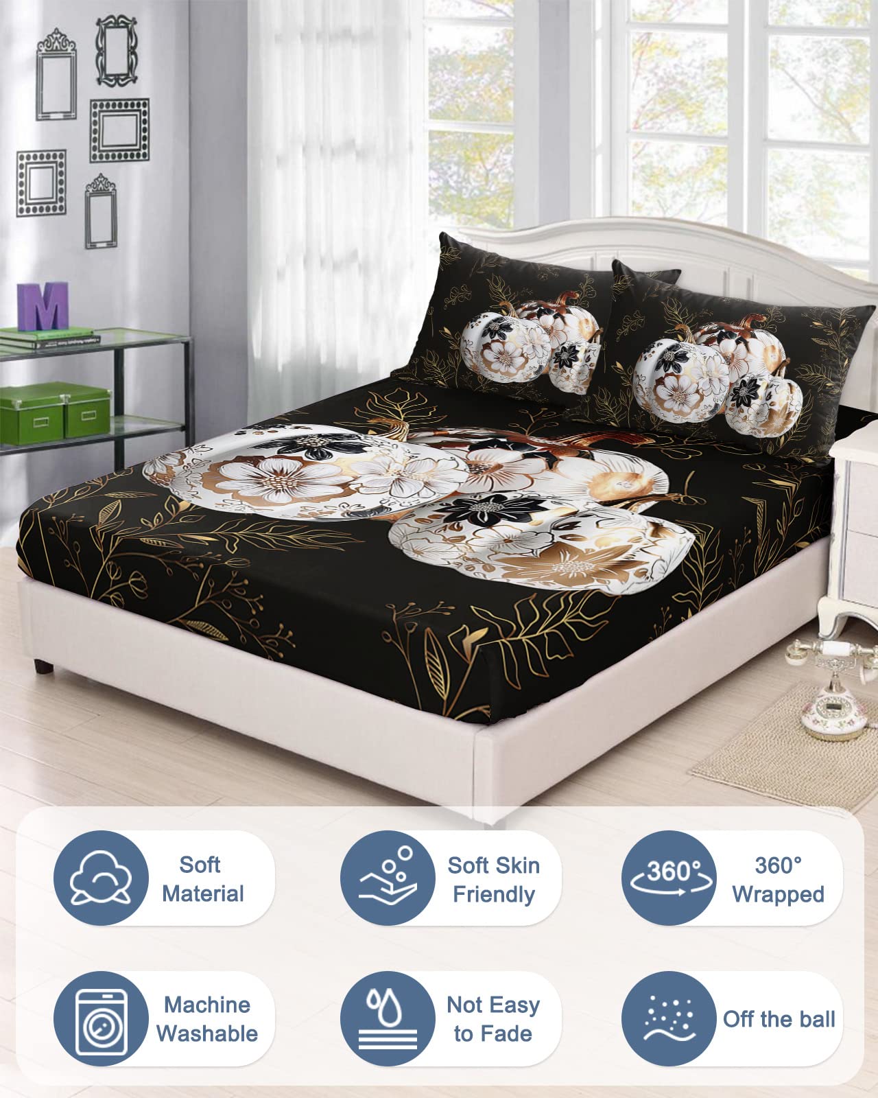 Bedding Full Size Fitted Sheets Fit 5"-16" Deep Pocket Mattress,Flower Sketch Oil Painting Pumpkin Soft Bottom Sheet Autumn Gold Leaves on Black Fitted Sheet Bed Set with Pillow Case