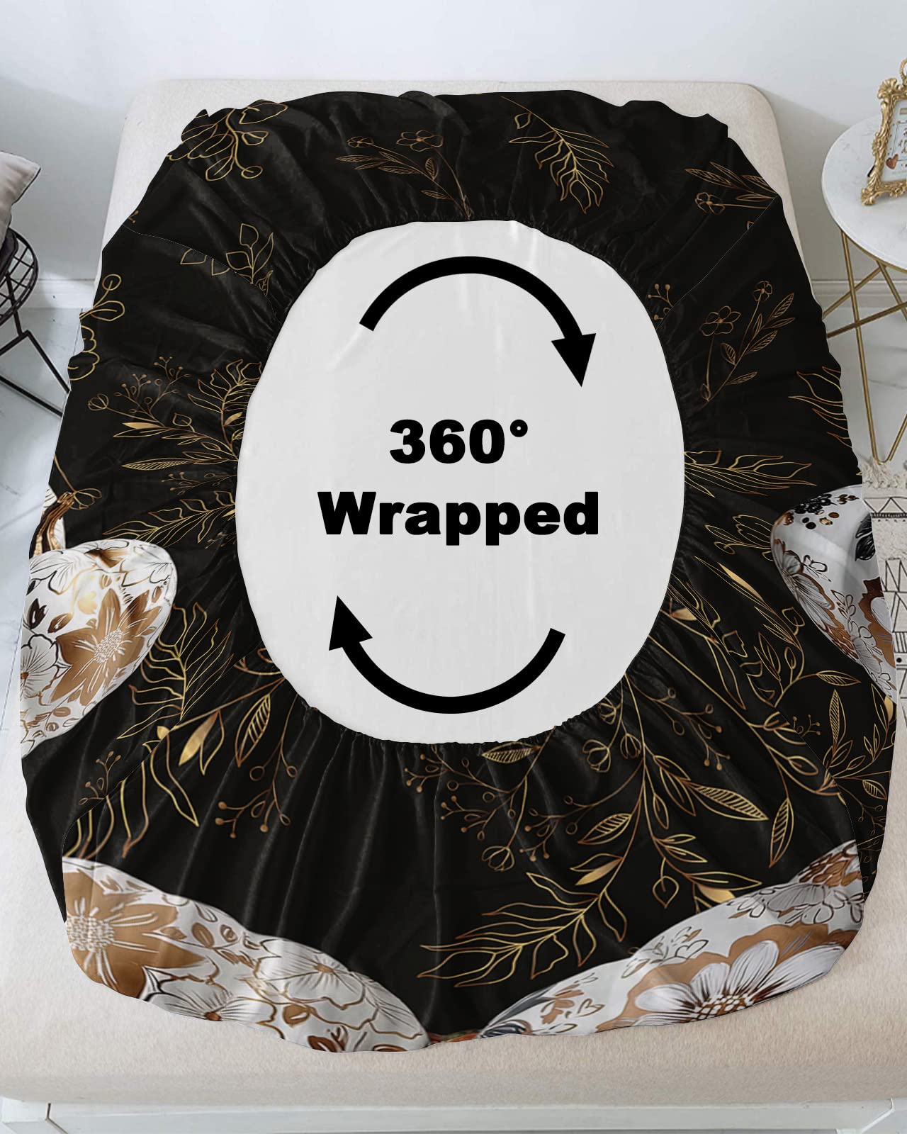 Bedding Full Size Fitted Sheets Fit 5"-16" Deep Pocket Mattress,Flower Sketch Oil Painting Pumpkin Soft Bottom Sheet Autumn Gold Leaves on Black Fitted Sheet Bed Set with Pillow Case