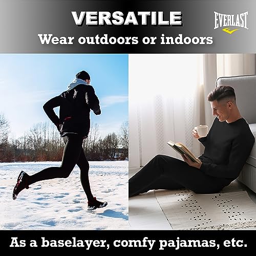 Everlast Mens Thermal Underwear Set - Warm Mens Thermal Shirt & Long Johns - Cold Weather Undershirt/Inner Pants - Insulated Winter Pajama, Black, Medium