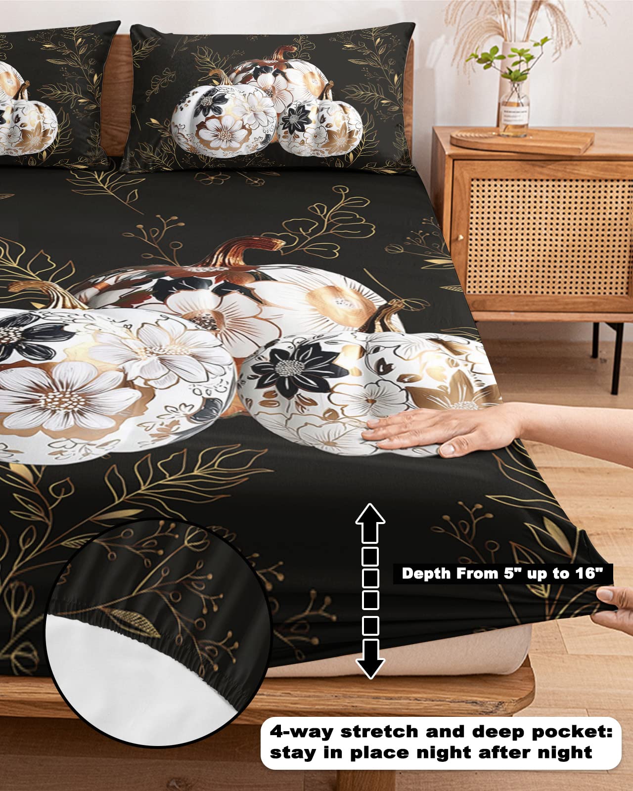 Bedding Full Size Fitted Sheets Fit 5"-16" Deep Pocket Mattress,Flower Sketch Oil Painting Pumpkin Soft Bottom Sheet Autumn Gold Leaves on Black Fitted Sheet Bed Set with Pillow Case