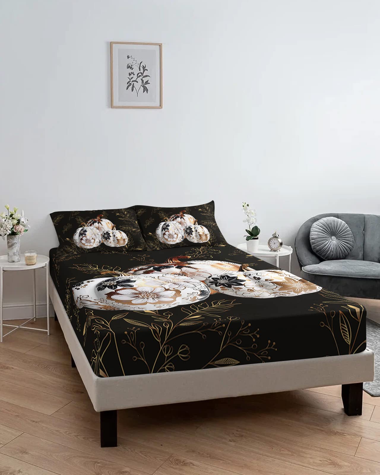 Bedding Full Size Fitted Sheets Fit 5"-16" Deep Pocket Mattress,Flower Sketch Oil Painting Pumpkin Soft Bottom Sheet Autumn Gold Leaves on Black Fitted Sheet Bed Set with Pillow Case