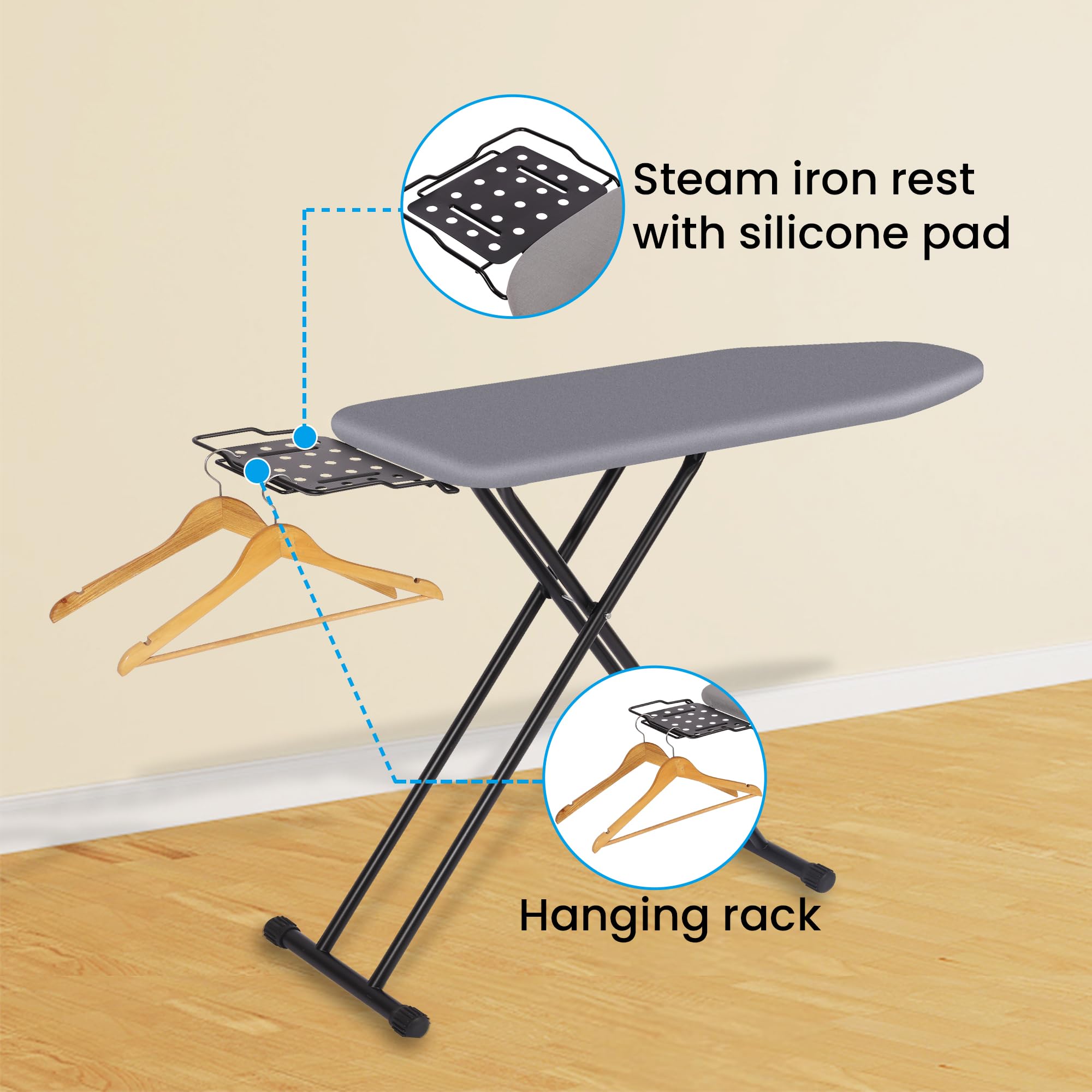 Jakeefud Deluxe Ironing Board with Extra Thick Heavy Duty Padded Cotton Cover,Hanger Iron Board,Lightweight and Easy Storage with Smart Hanger, for Small Spaces, Laundry Rooms (Size 35.5"*12") (Grey)