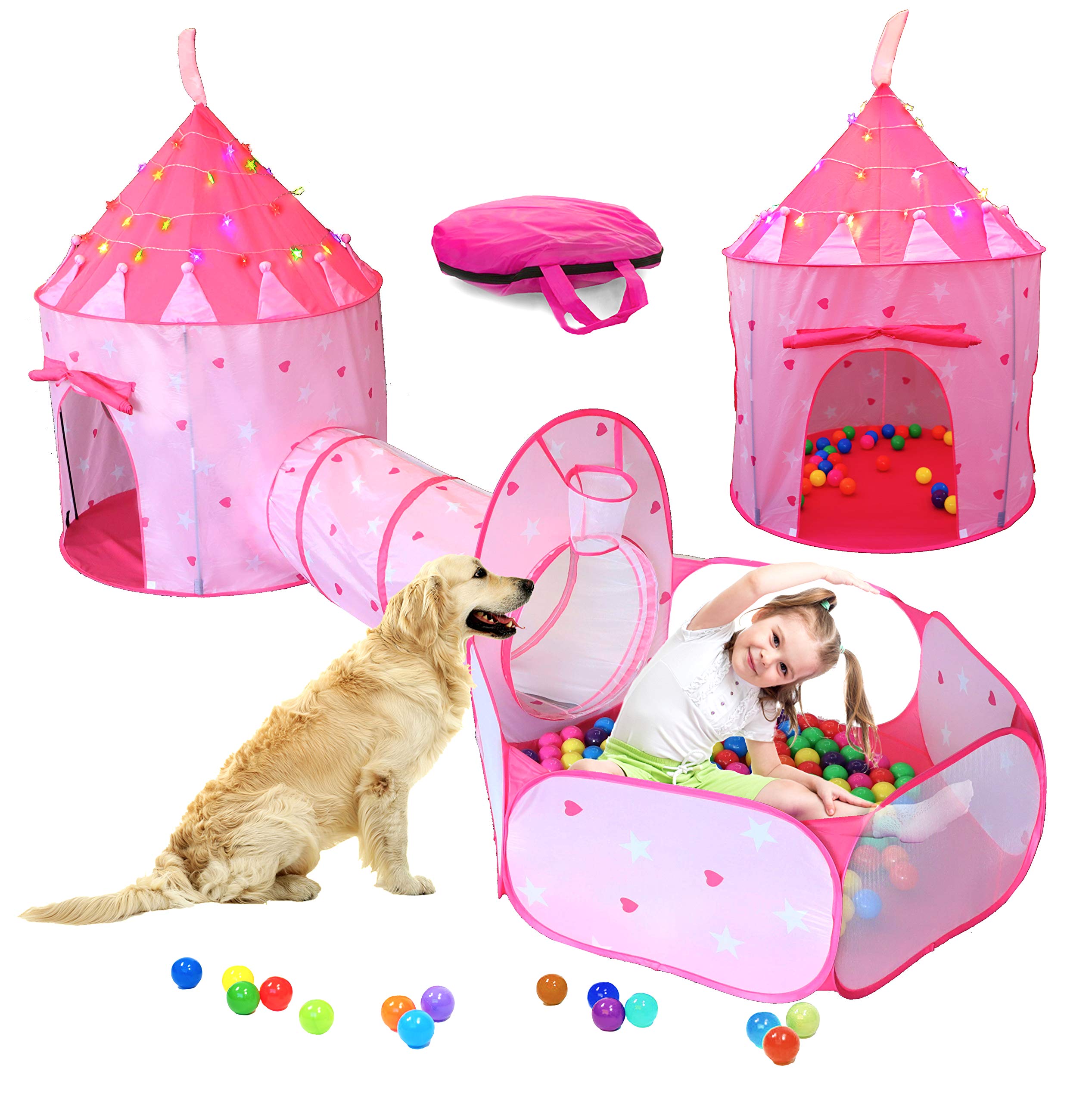 LimitlessFunN 4pc Princess Kids Pop Up Play Tent, Crawl Tunnel, Ball Pit | Includes Star Lights & Carrying Case |, Children Indoor Castle Playhouse for Girls, Toddlers, 47" D x 126" W x 53" H