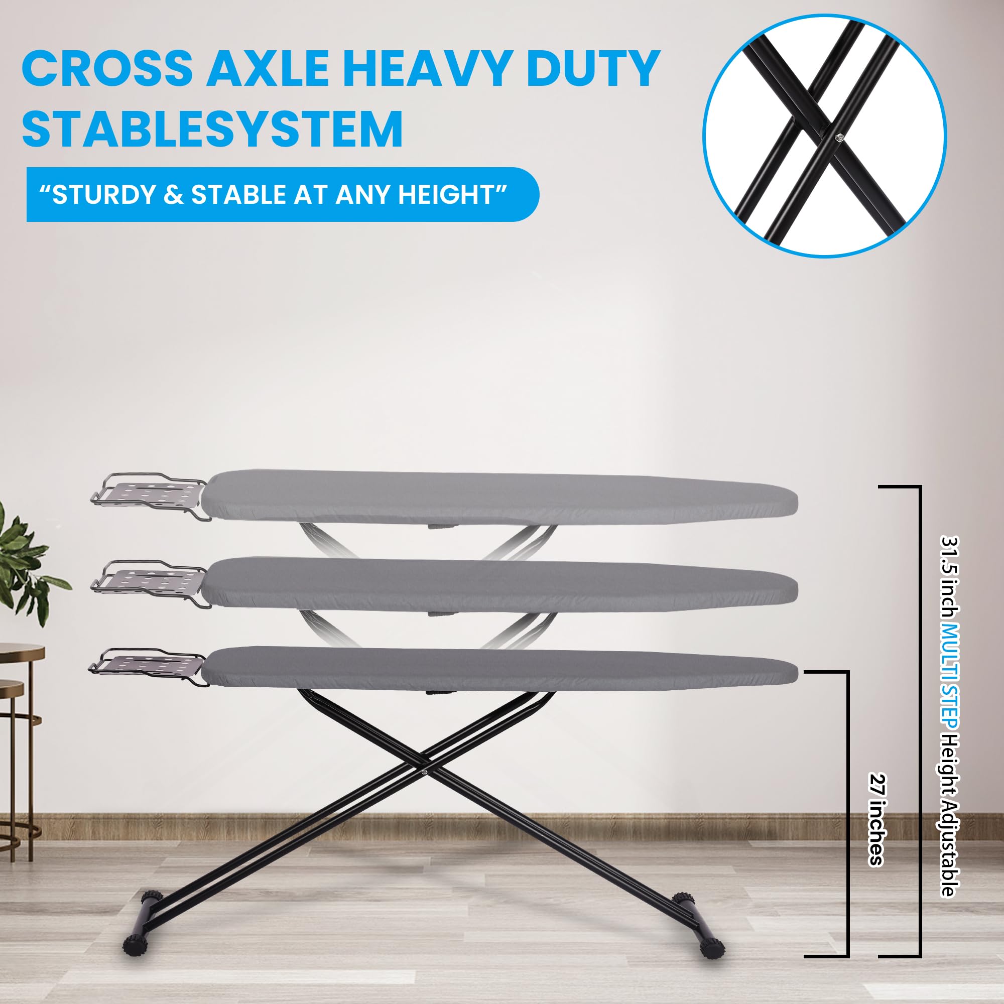 Jakeefud Deluxe Ironing Board with Extra Thick Heavy Duty Padded Cotton Cover,Hanger Iron Board,Lightweight and Easy Storage with Smart Hanger, for Small Spaces, Laundry Rooms (Size 35.5"*12") (Grey)