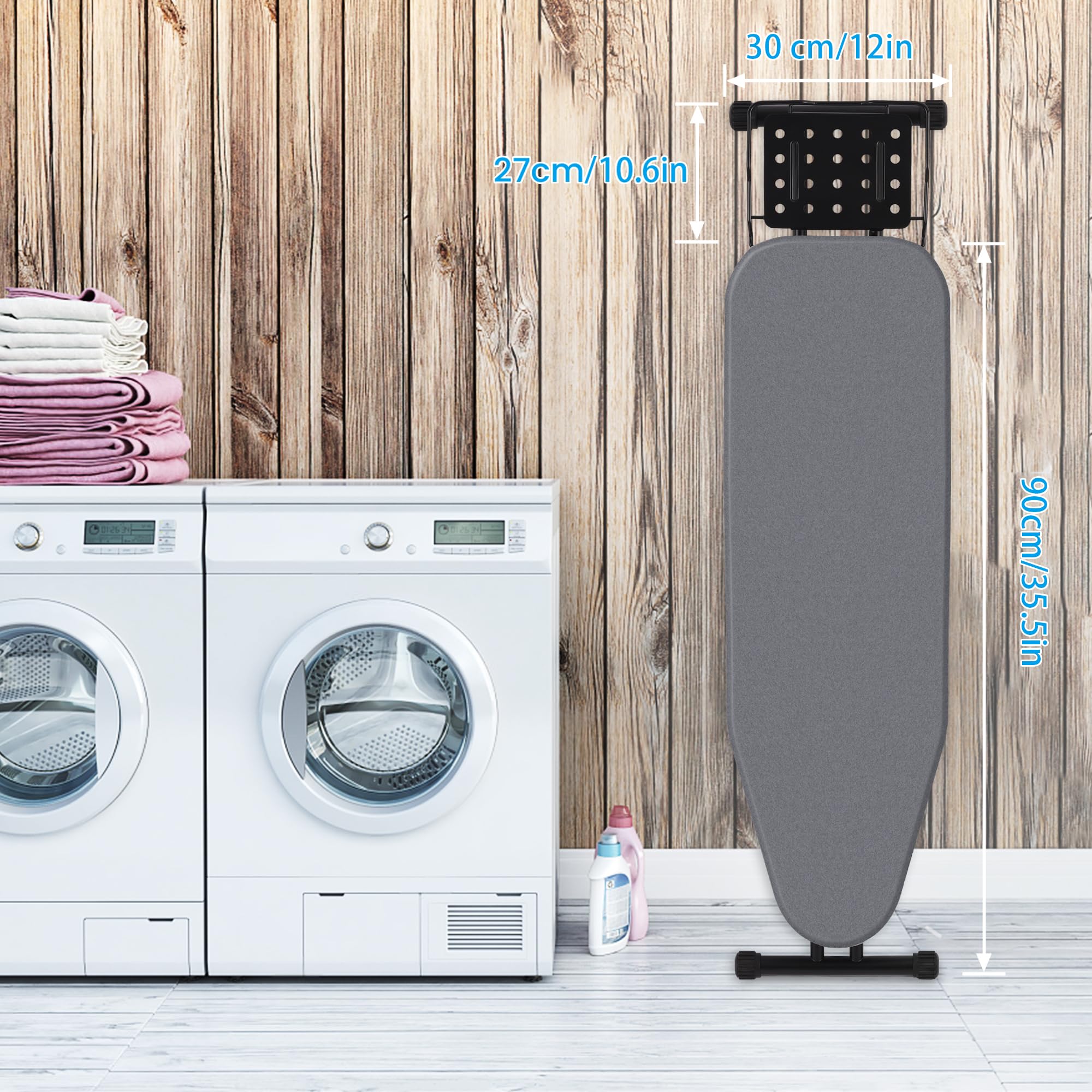 Jakeefud Deluxe Ironing Board with Extra Thick Heavy Duty Padded Cotton Cover,Hanger Iron Board,Lightweight and Easy Storage with Smart Hanger, for Small Spaces, Laundry Rooms (Size 35.5"*12") (Grey)