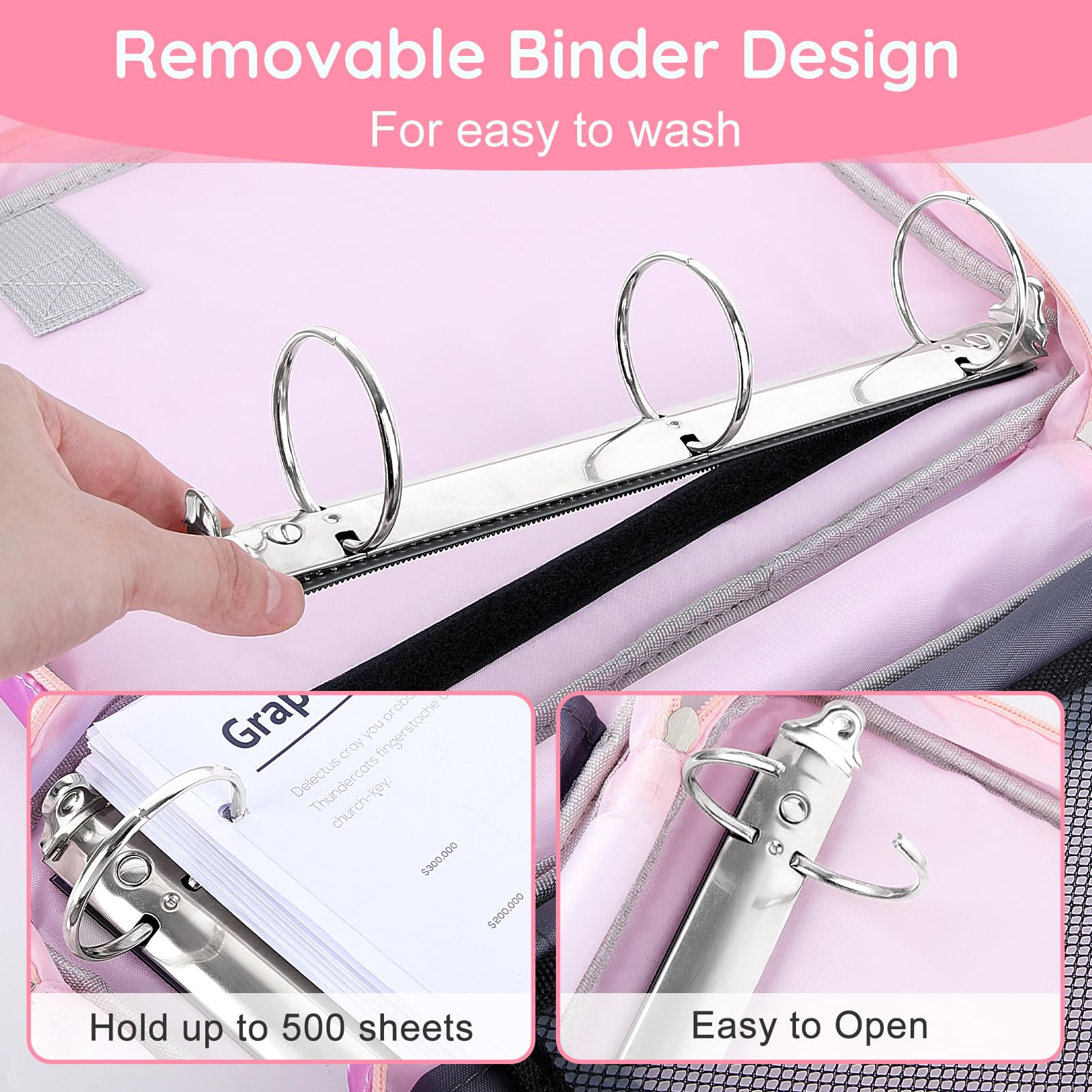 Zipper Binder with Shoulder Strap, 2 Inch 3 Ring Organizer for Middle School, Case it Multiple Pockets, Handle Included, 500 Sheet Capacity