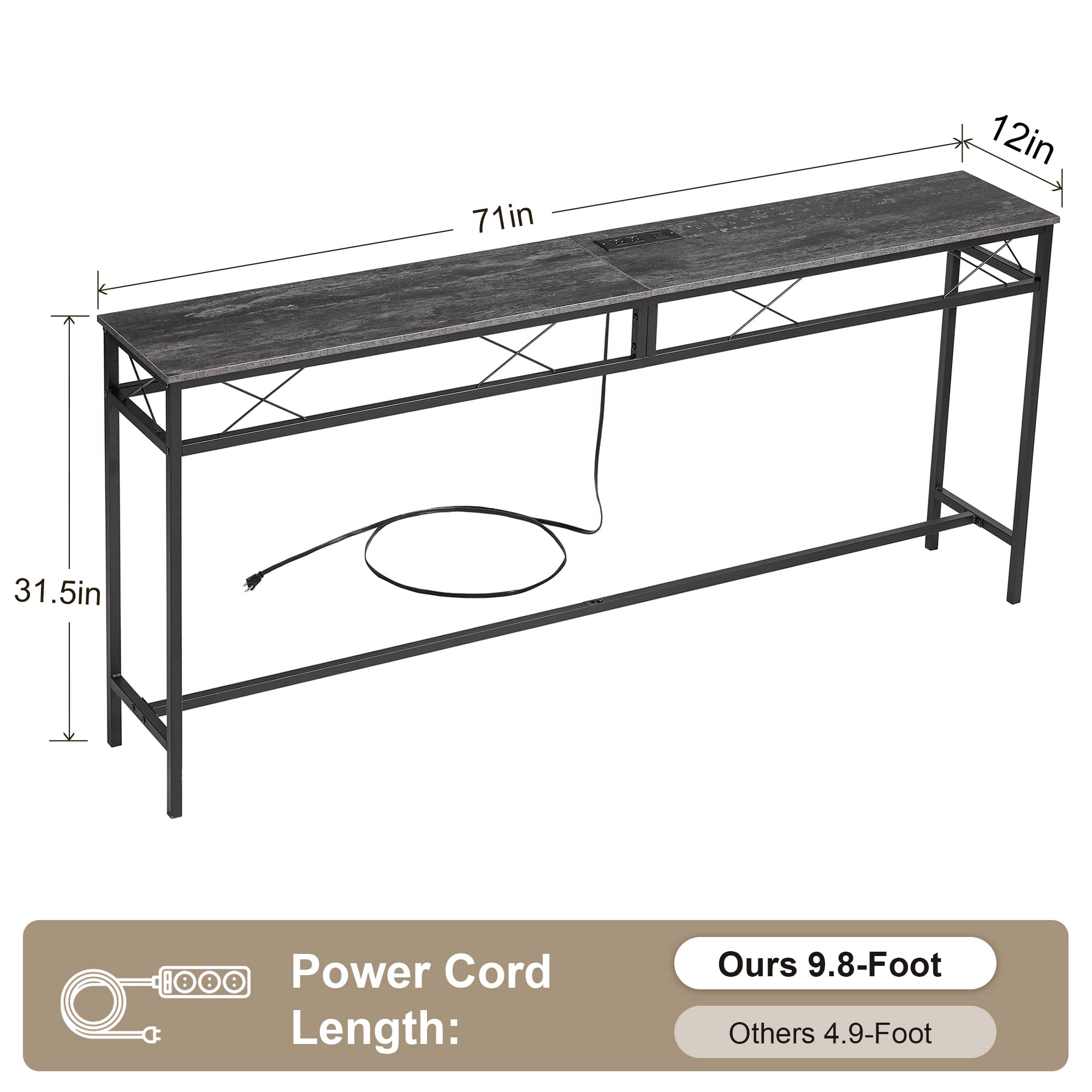 VECELO 71 inches Narrow Console Sofa Table Behind Couch with Power Outlet and USB Ports, 12'' Skinny Long Charging Stations for Entryway, Living Room, Foyer, Dark Grey
