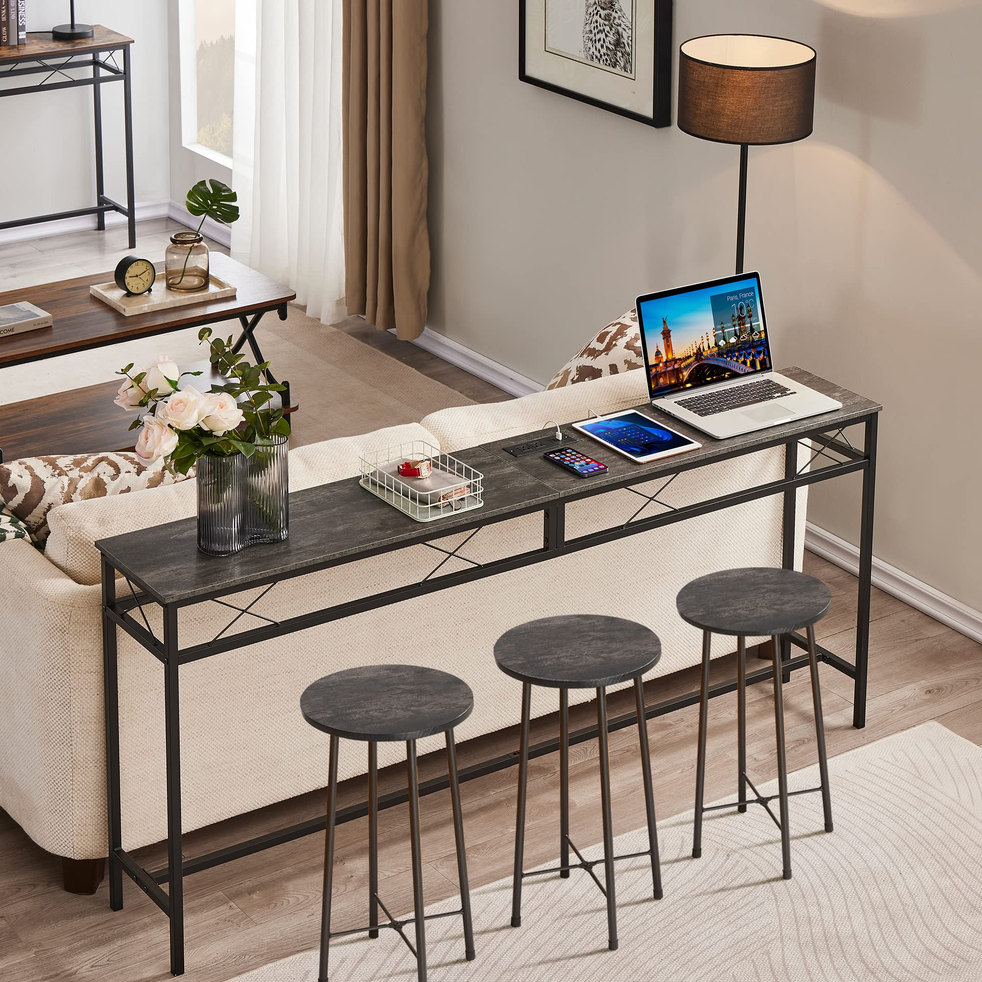 VECELO 71 inches Narrow Console Sofa Table Behind Couch with Power Outlet and USB Ports, 12'' Skinny Long Charging Stations for Entryway, Living Room, Foyer, Dark Grey