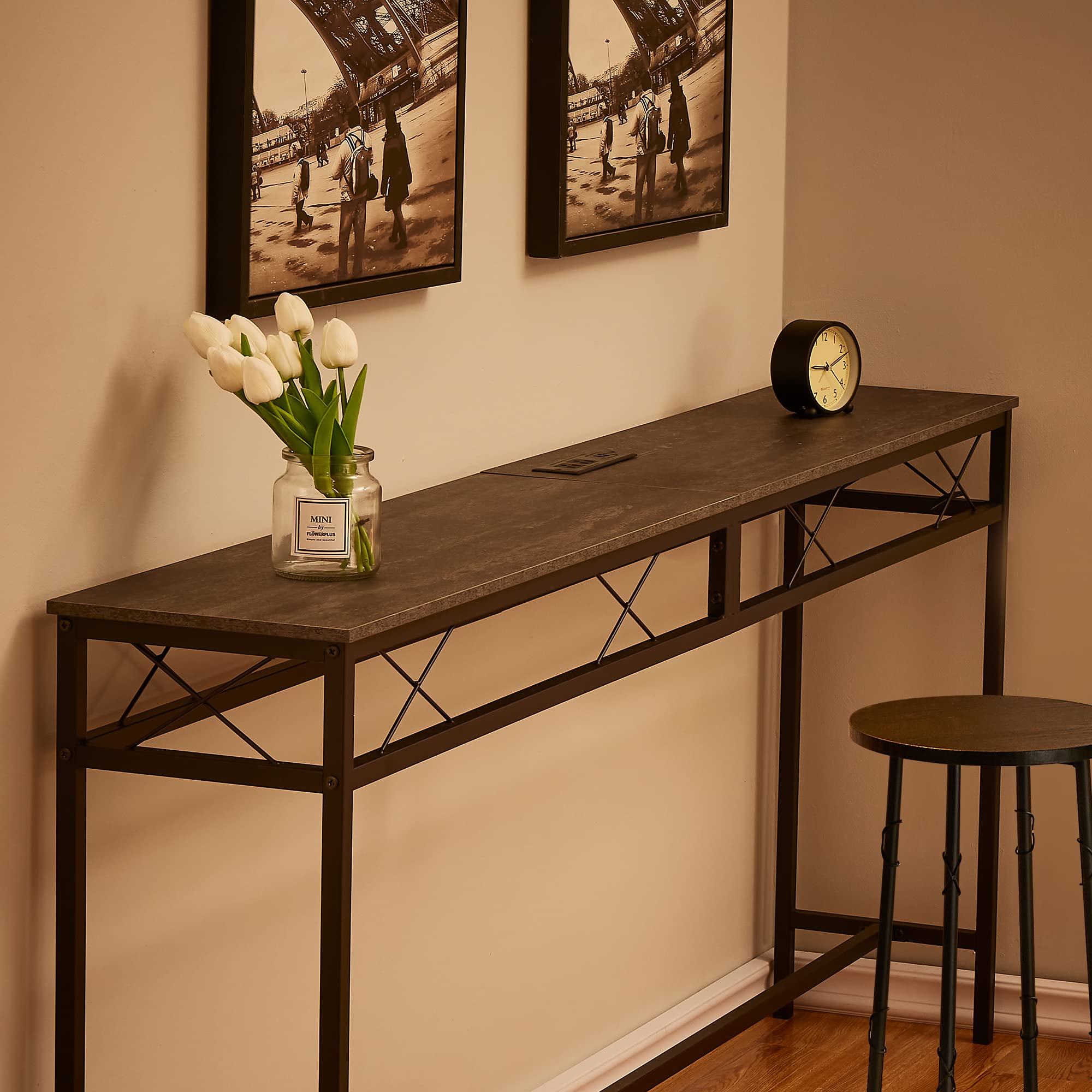 VECELO 71 inches Narrow Console Sofa Table Behind Couch with Power Outlet and USB Ports, 12'' Skinny Long Charging Stations for Entryway, Living Room, Foyer, Dark Grey