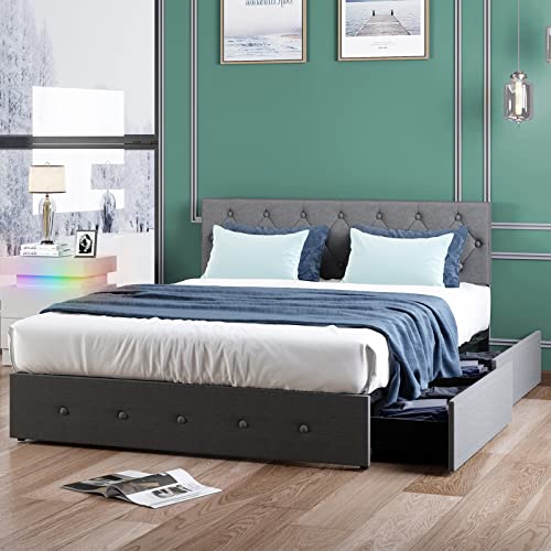 Mjkone Cal-K Size Bed Frame, Upholstered Platform Bed Frame with 4 Built-in Storage Drawers & Adjustable Headboard, Button Tufted Design, No Box Spring Needed- Dark Grey