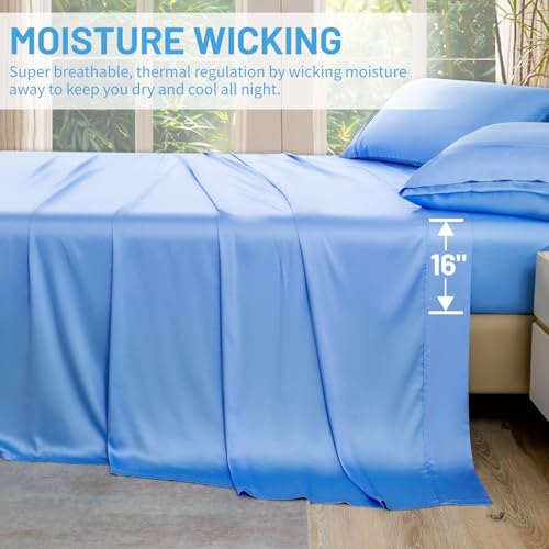 MEISHANG Bamboo Viscose Sheets Queen Size - 100% Organic Viscose,400TC Cooling Luxury Sheet Set with 16" Deep Pockets - 4 Pieces(Blue)