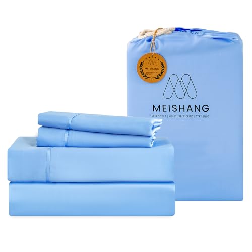 MEISHANG Bamboo Viscose Sheets Queen Size - 100% Organic Viscose,400TC Cooling Luxury Sheet Set with 16" Deep Pockets - 4 Pieces(Blue)