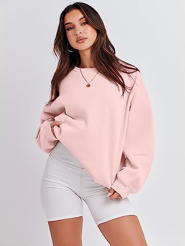 Caracilia Women's Crewneck Sweatshirts Oversized Fleece Hoodies Tops Casual Loose Pullover Sweaters 2024 Fall Clothes Pink Small