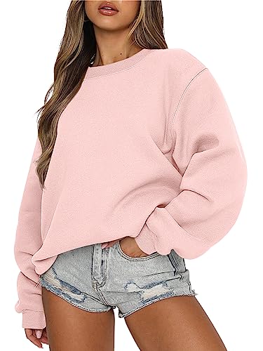 Caracilia Women's Crewneck Sweatshirts Oversized Fleece Hoodies Tops Casual Loose Pullover Sweaters 2024 Fall Clothes Pink Small